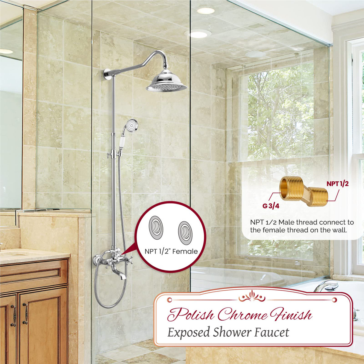 FODORL 8" Rain Shower Faucet Set - Exposed System with 2 Knobs, Triple - Function Tub Spout, 12 ...